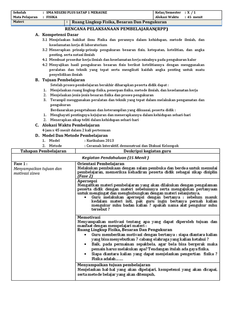 RPP 1 Fisika Bab 1 Ruang Lingkup Fisika, Besaran Dan Pengukuran | PDF