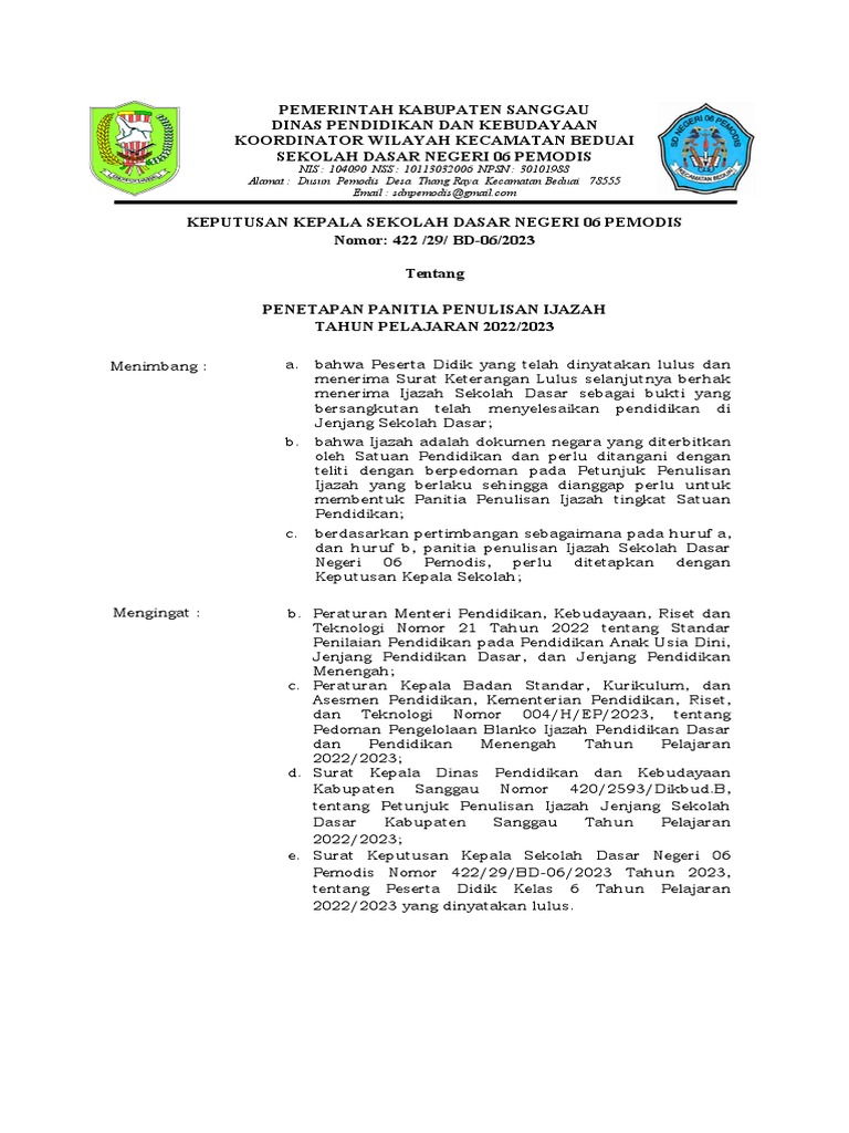 Contoh SK Panitia Penulisan Ijazah Tahun 2023 | PDF