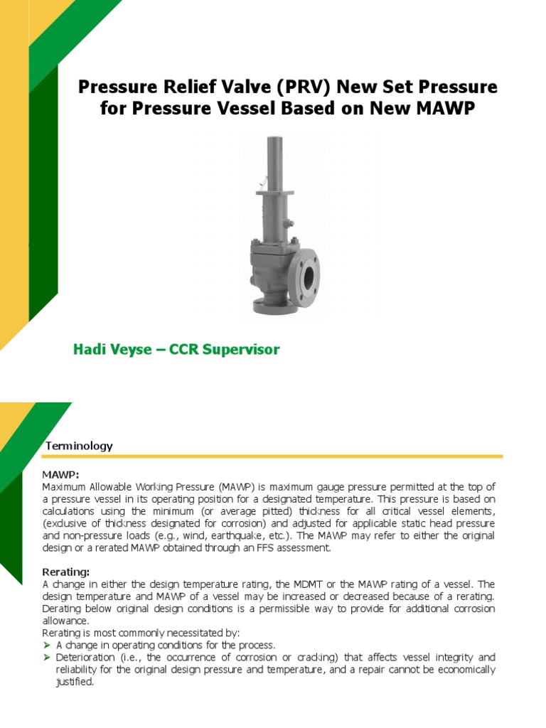 Pressure Relief Valve (PRV) New Set Pressure For Pressure Vessel Based On New MAWP | Download ...