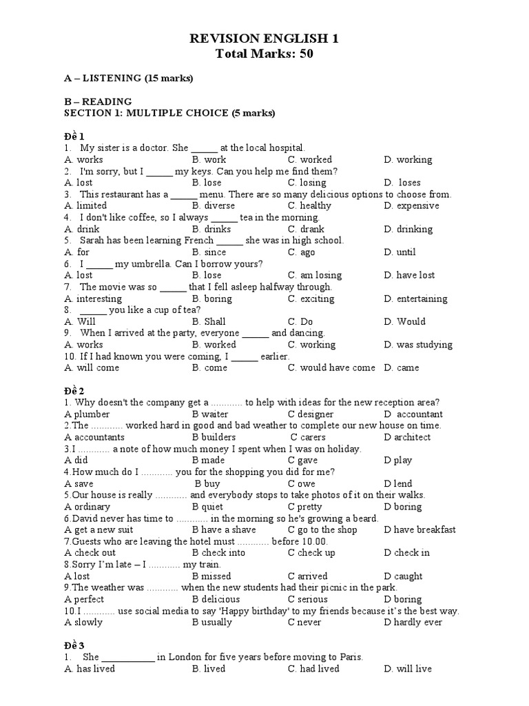 REVISION ENGLISH 1 Without Keys-2 | PDF