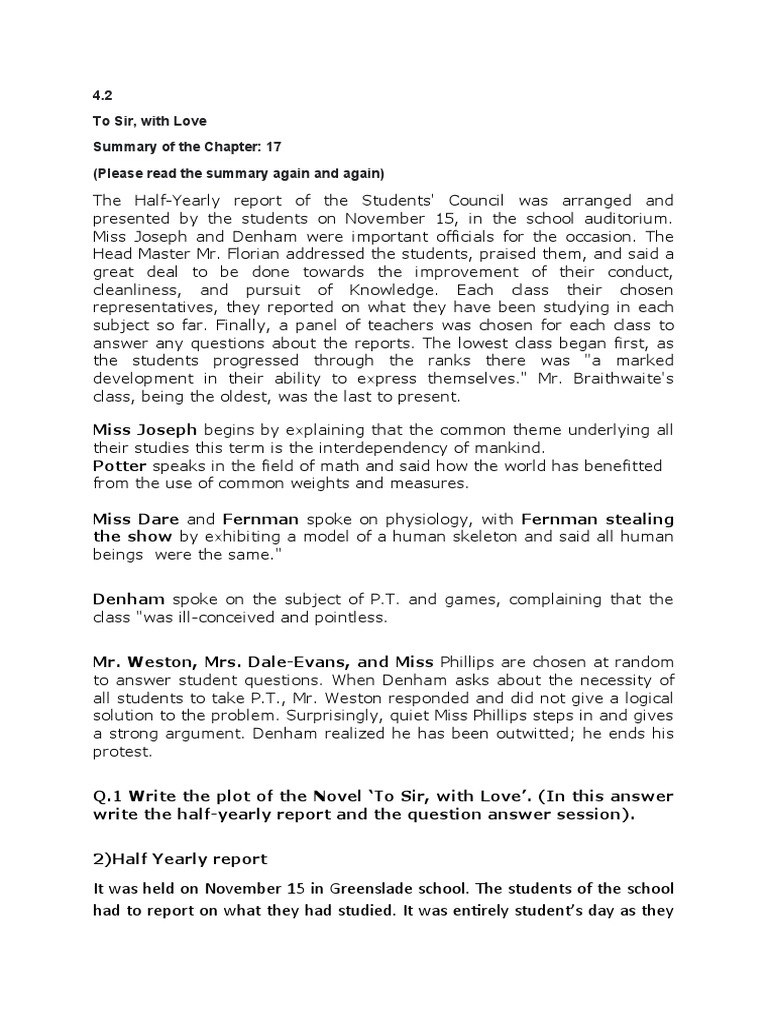 4.2 To Sir, With Love Summary of The Chapter: 17 (Please Read The Summary Again and Again) | PDF