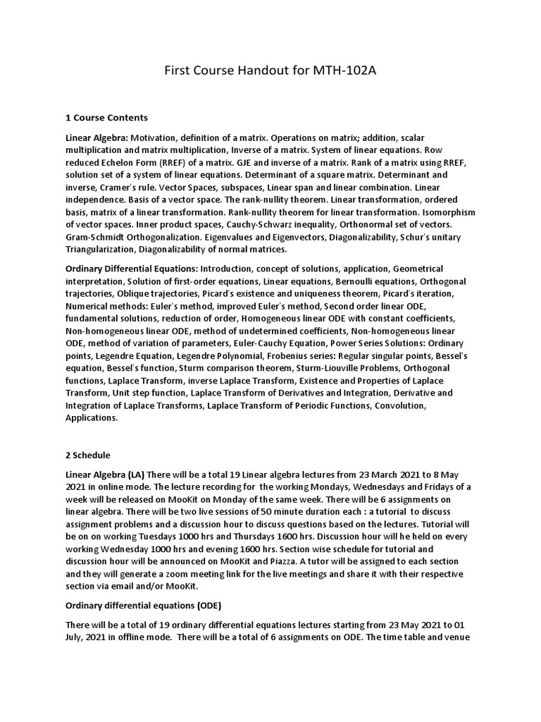 First Course Handout For MTH102a | PDF