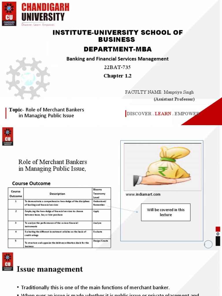 Lecture 1.2.3 Role of Merchant Bankers in Managing Public Issue | PDF | Banks | Securitization