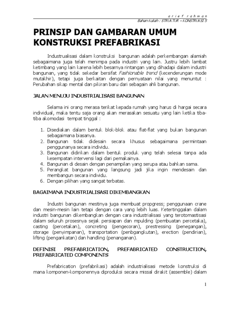 Prinsip Dan Gambaran Umum Konstruksi Prefabrikasi | PDF