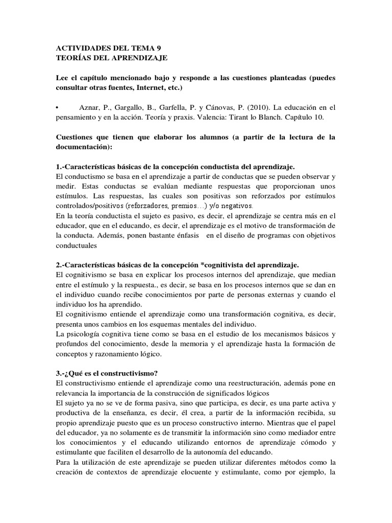 Actividades Tema 9 Teorías Del Aprendizaje | PDF