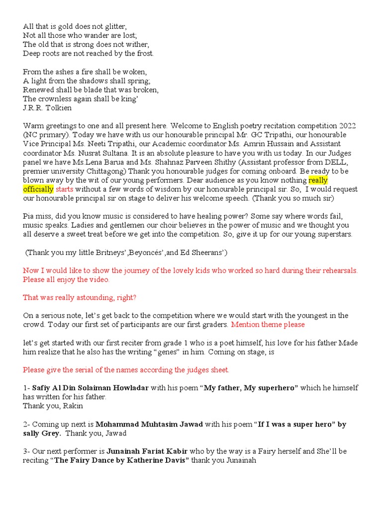 Hosting Script of Poetry Competition 2022 | PDF