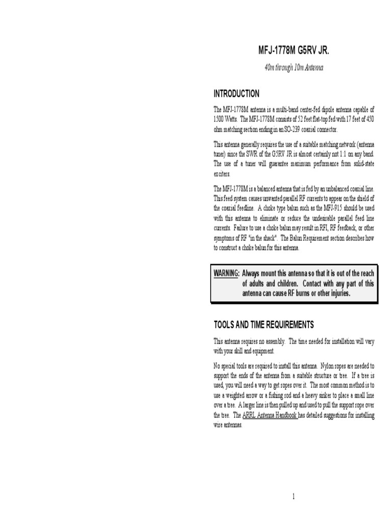 MFJ-1778M G5RV JR Antenna Guide | PDF