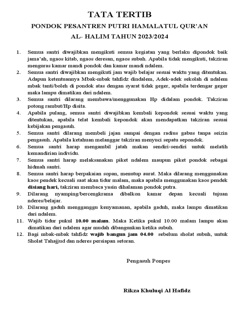 Tata Tertib Pondok Pesantren Putri Hamalatul Qur | PDF | Perjalanan ...