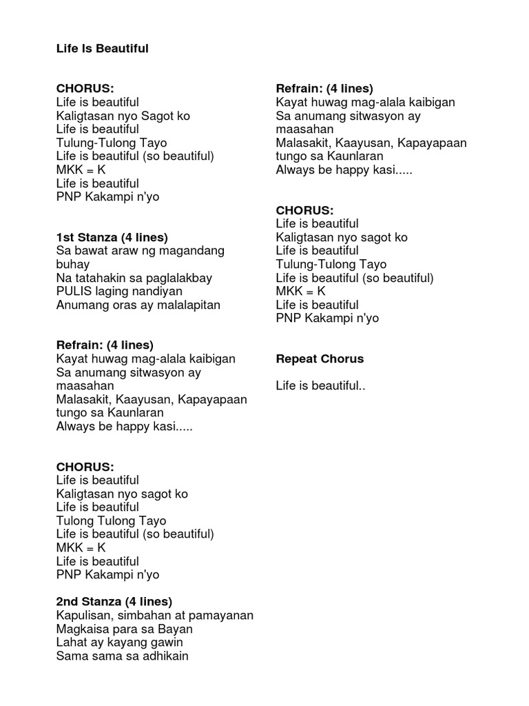 LIFE IS BEAUTIFUL Lyrics | PDF