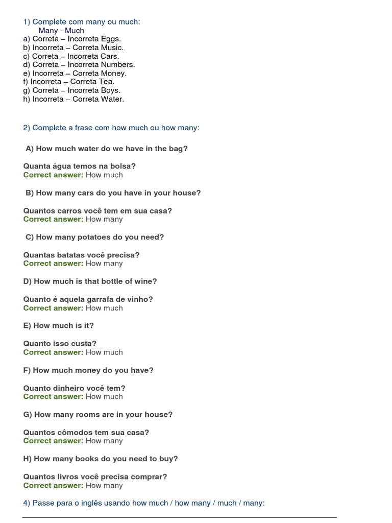 Exercicios How Much e How Many | PDF