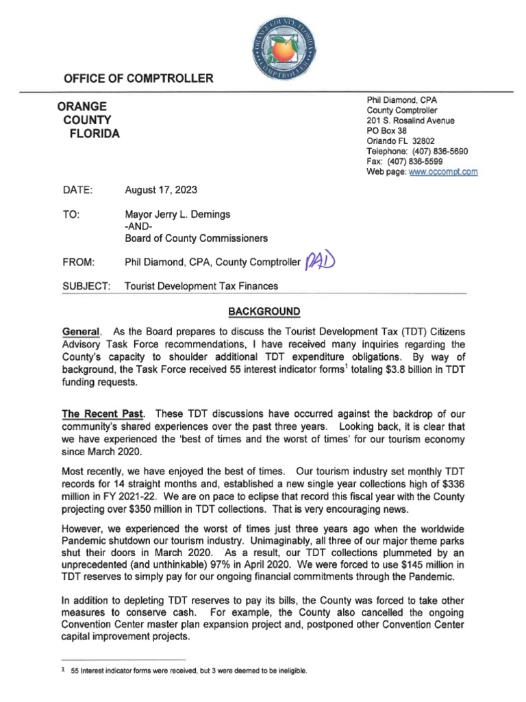 Orange County Comptroller Phil Diamond Memo | PDF