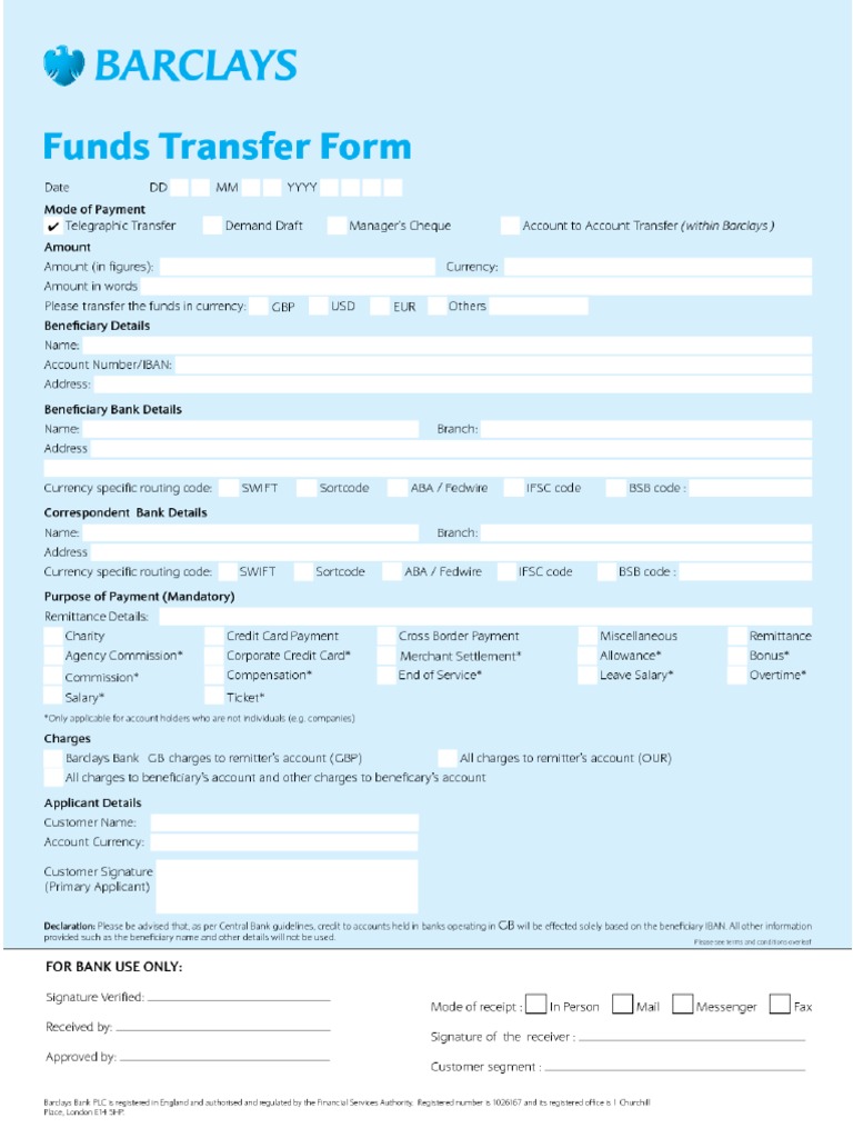 Barclays Bank Fund Transfer Form | PDF