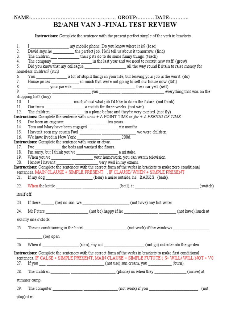 B2 English Final Test Review | PDF | Sentence (Linguistics) | Linguistics