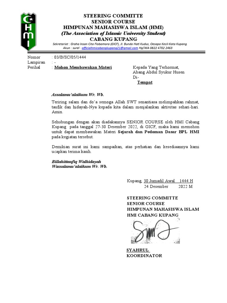 8 Surat Mohon Membawakan Materi Sejarah & Pedoman Dasar BPL Hmi | PDF