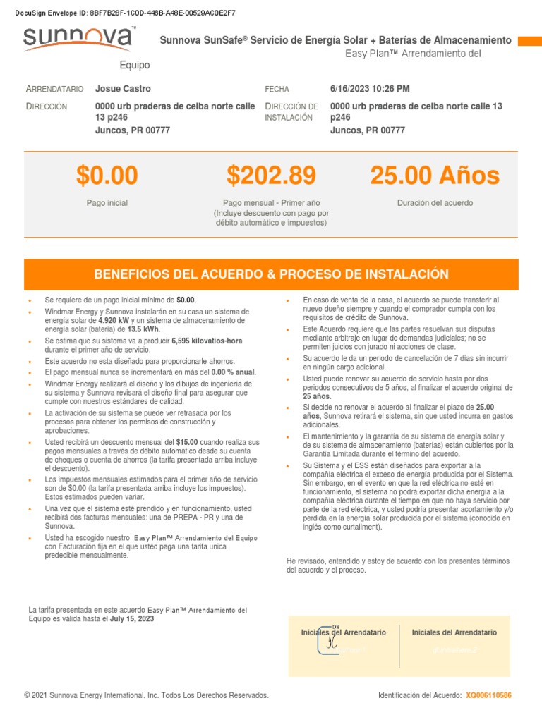 Sunnova LeaseStorage XQ006110586 Castro | PDF | Pagos