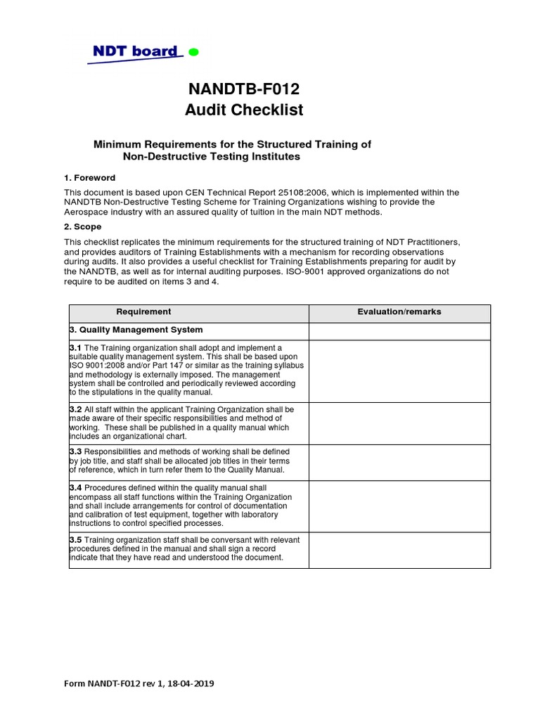 F012 Audit Checklist | PDF | Nondestructive Testing | Competence (Human ...