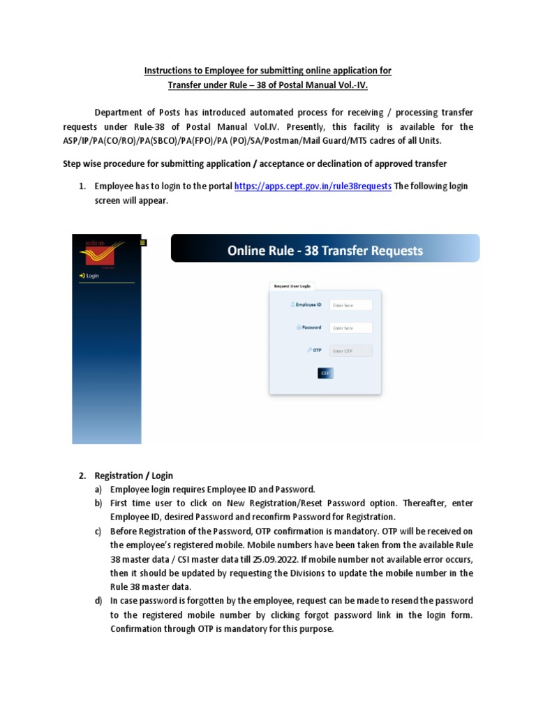 Instructions To Employee For Submitting Online Application For Transfer Under Rule - 38 of ...