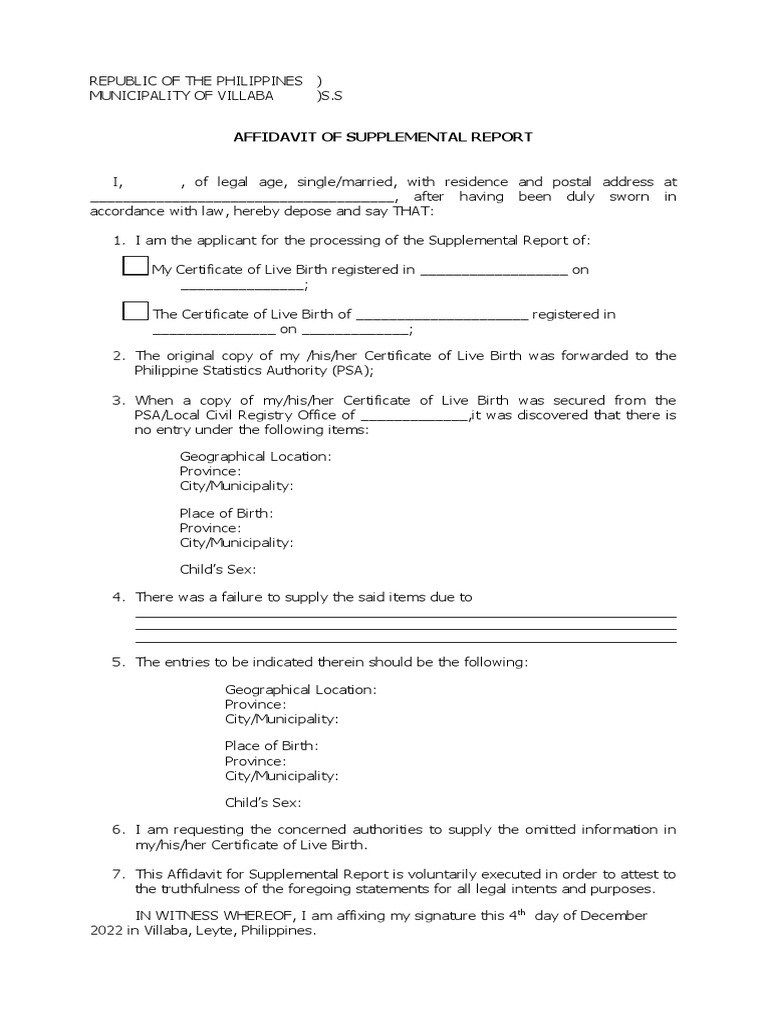 Affidavit of Supplemental Report - Certificate of Live Birth | PDF
