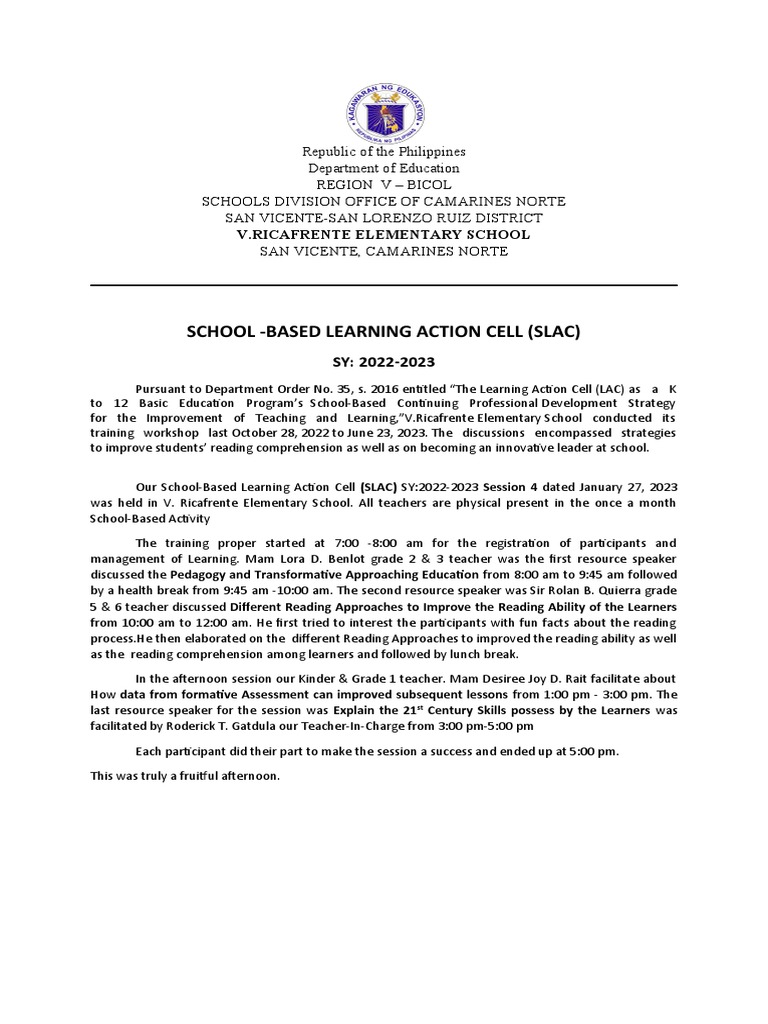 NARRATIVE-REPORT-SLAC-20223-SESSION-4-6 | PDF | Teachers | Reading ...