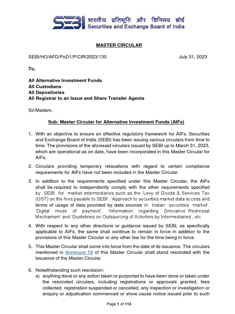 AIF Master Circular Overview 2023 | PDF | Leverage (Finance) | Reserve ...