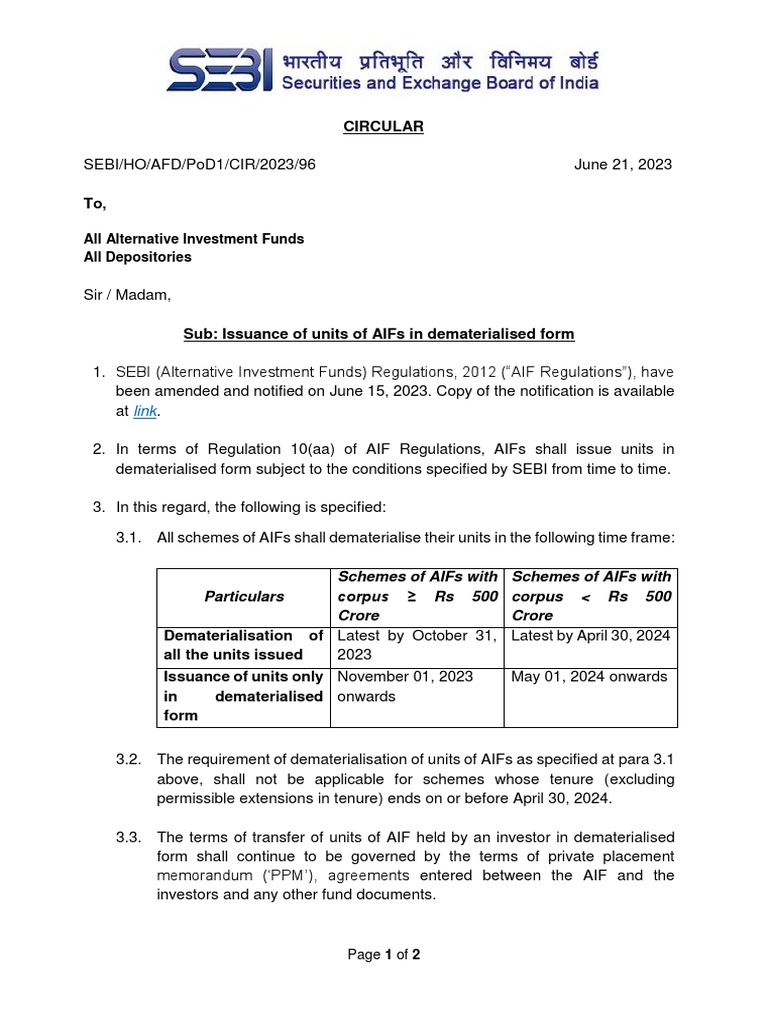 Issuance of Units of AIF in Demat Form | PDF