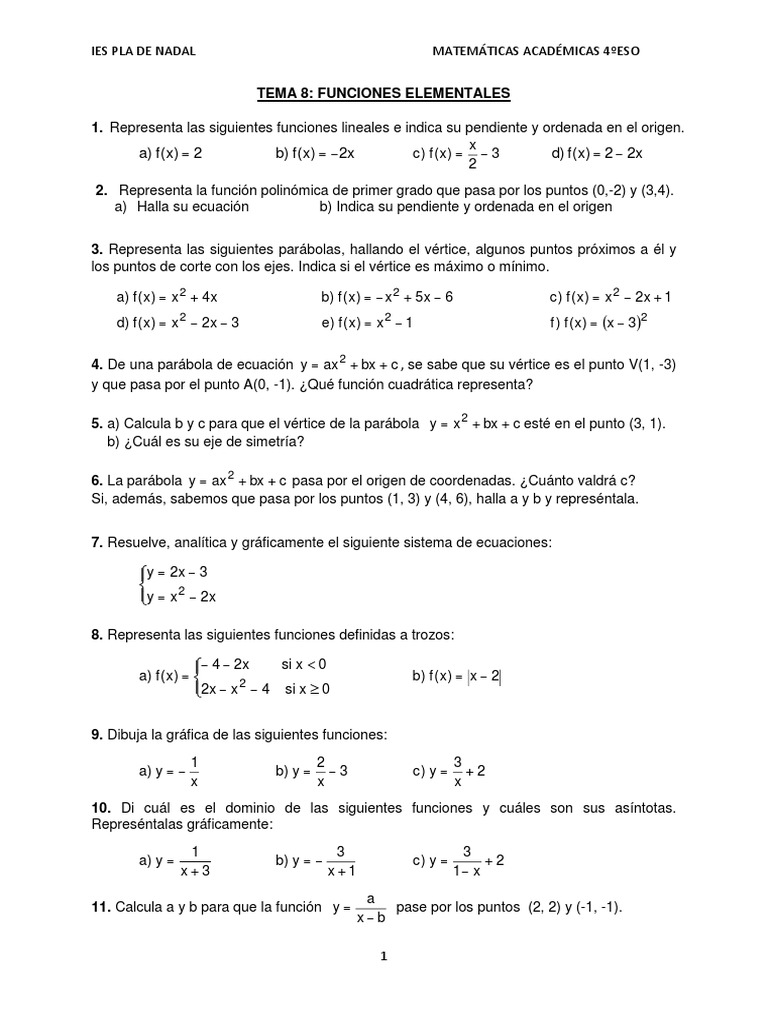 Ejercicios T8 Funciones Elementales (1 Parte) | PDF | Geometría | Objetos matemáticos