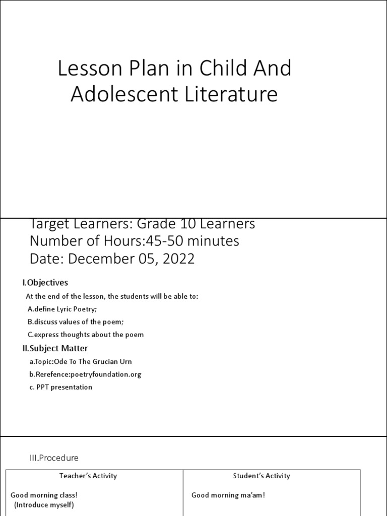 Lesson Plan in Child and Adolescent Literature | PDF