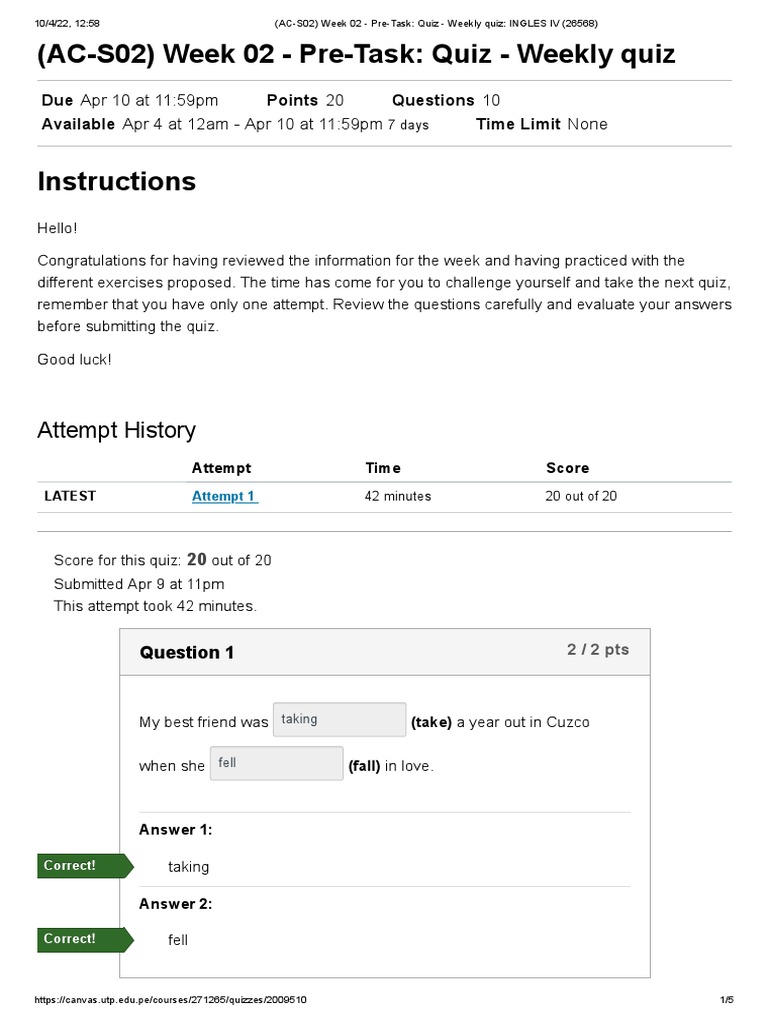 (AC-S02) Week 02 - Pre-Task - Quiz - Weekly Quiz - INGLES IV (26568) | PDF