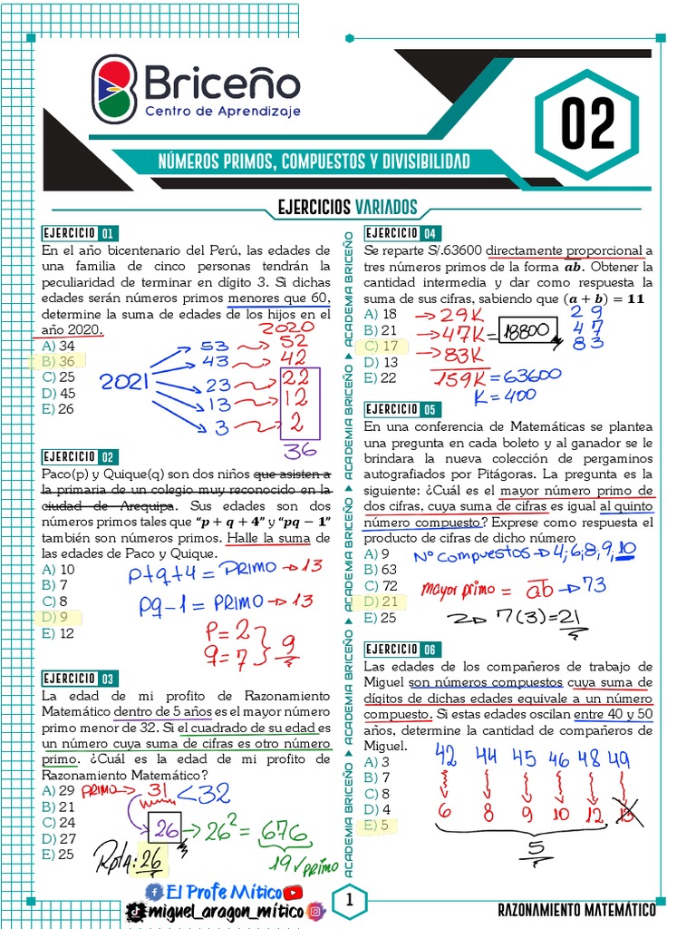 02 NUMEROS PRIMOS, COMPUESTOS Y DIVISIBILIDAD - MIGUEL ARAGON - ElProfeMítico | PDF | Teoría de ...