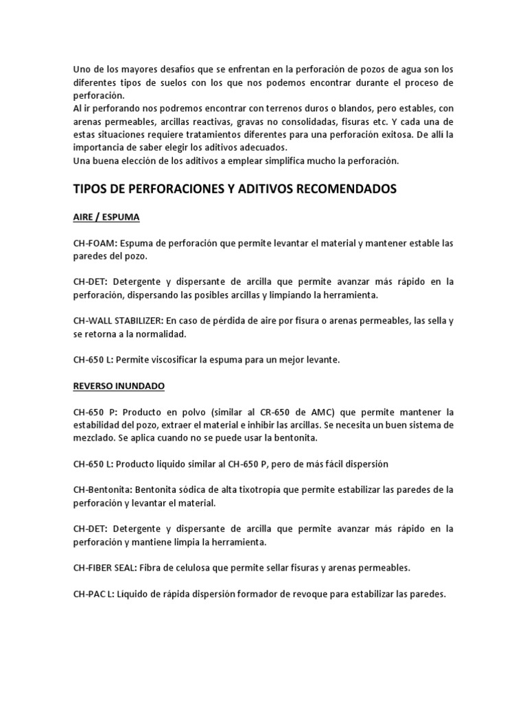 Lista Aditivos1 | PDF | Perforación | Espuma