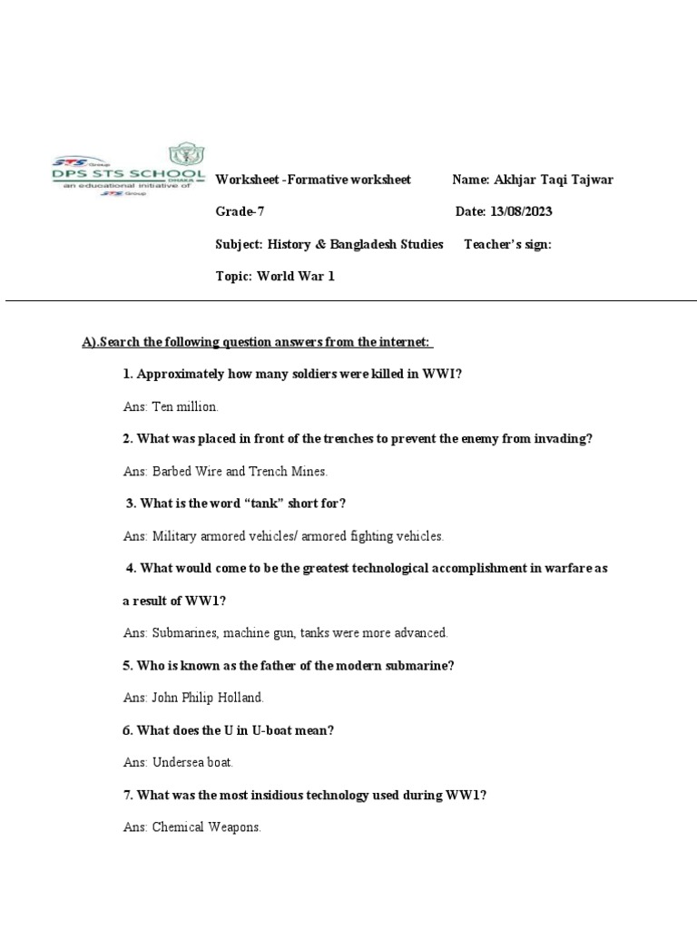 Grade 7 WWI History Worksheet | PDF