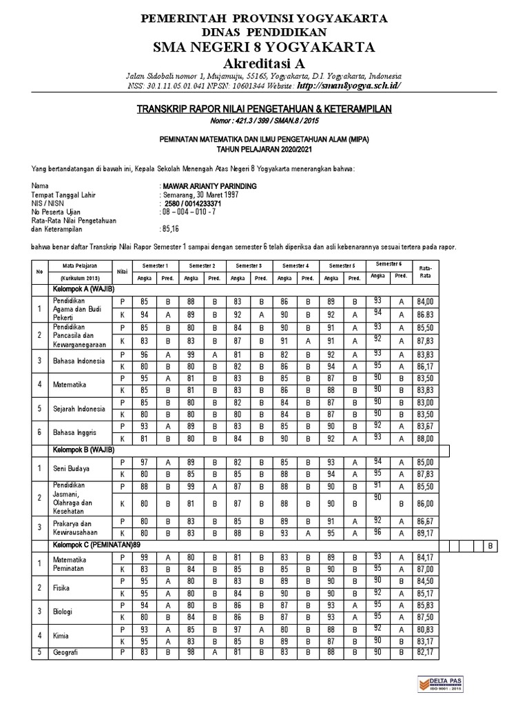 FORMAT TRANSKRIP NILAI RAPOR (P +K) SEMESTER 1-6 Kosong | PDF