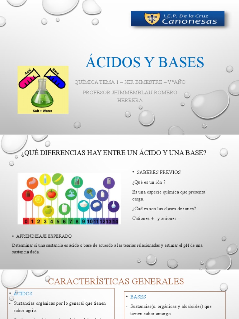 QUÍMICA TEMA 1 - 3er BIMESTRE - ÁCIDOS Y BASE - V° AÑO | PDF | Ácido | Ph