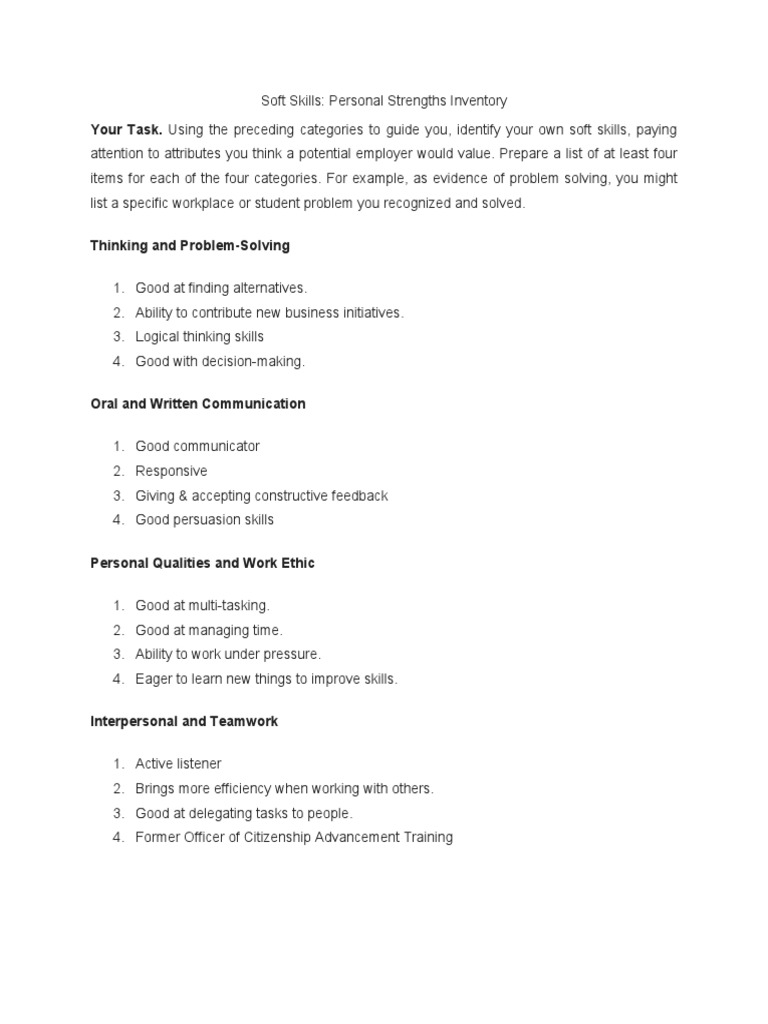 Soft Skills Personal Strengths Inventory | PDF