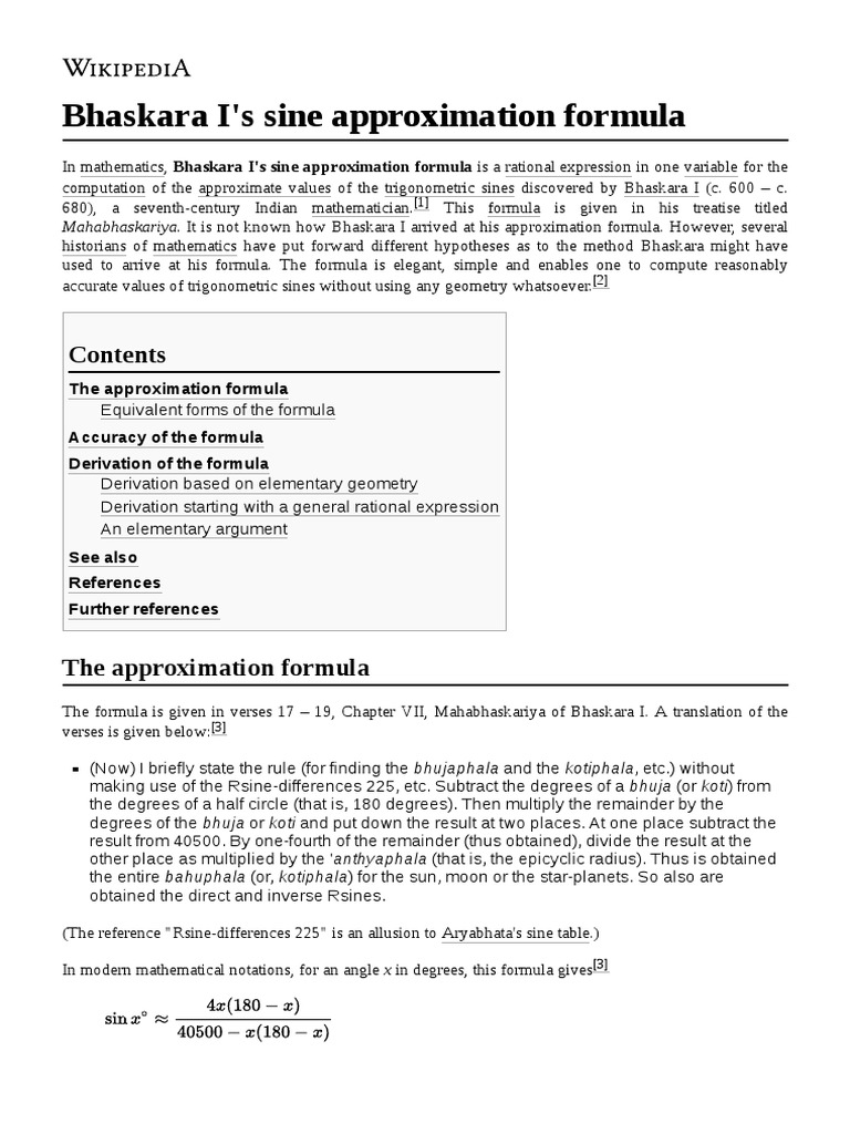 Bhaskara I's Sine Approximation Formula | PDF
