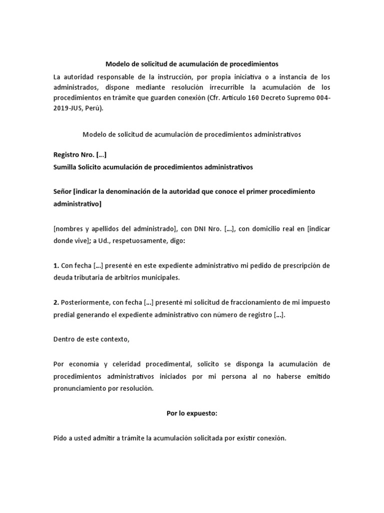 Modelo de solicitud de acumulación de procedimientos | PDF