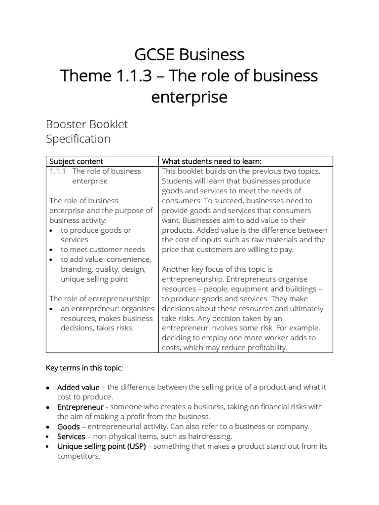 Role of Business Enterprise in GCSE | PDF | Entrepreneurship | Goods