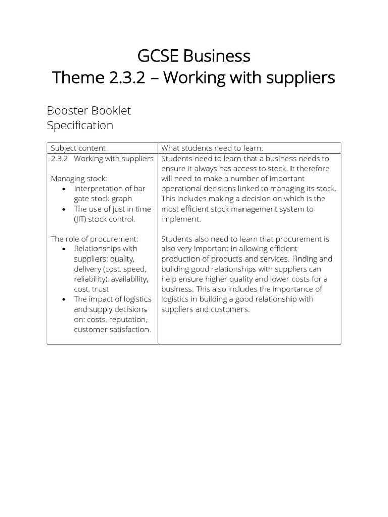 GCSE Business: Supplier Management | PDF | Supply Chain | Lean ...