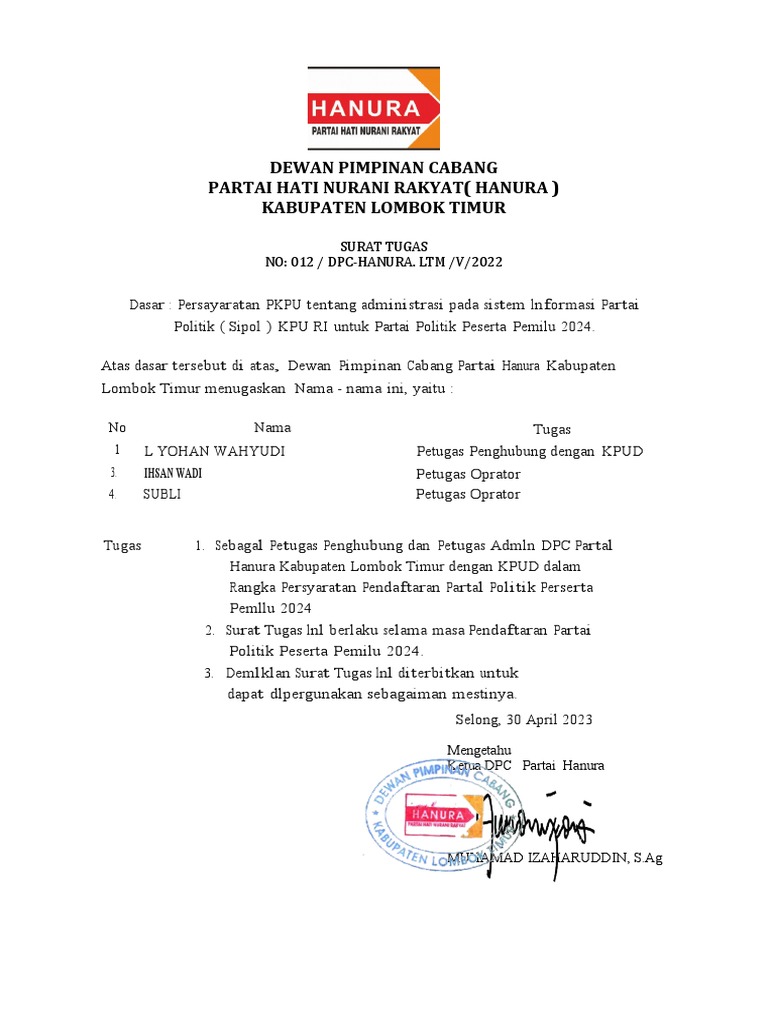 Surat Tugas DPC Partai Hanura 2023 | PDF