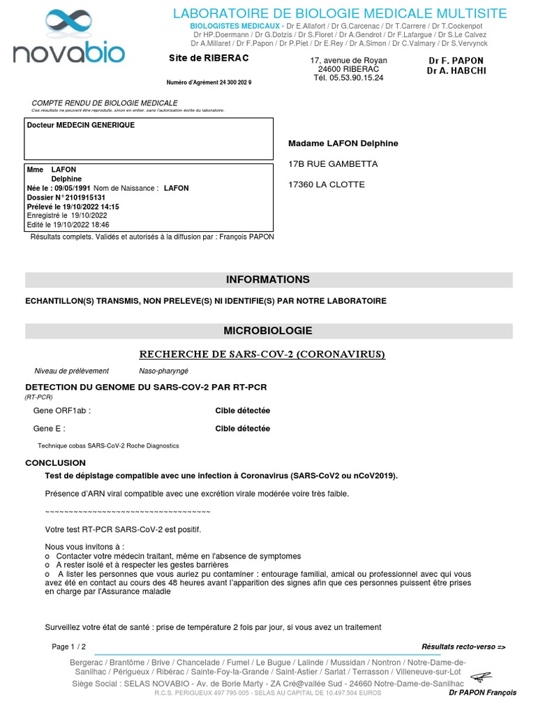 Résultats RT-PCR SARS-CoV-2 Novabio | PDF