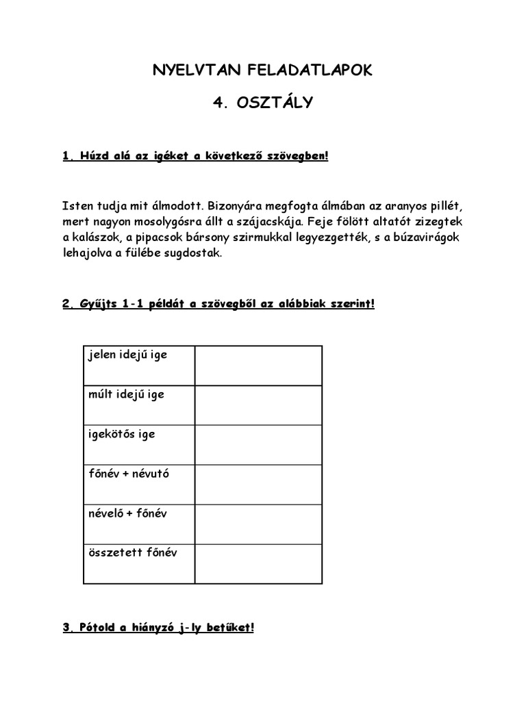 NYELVTAN FELADATLAPOK 4. O. | PDF
