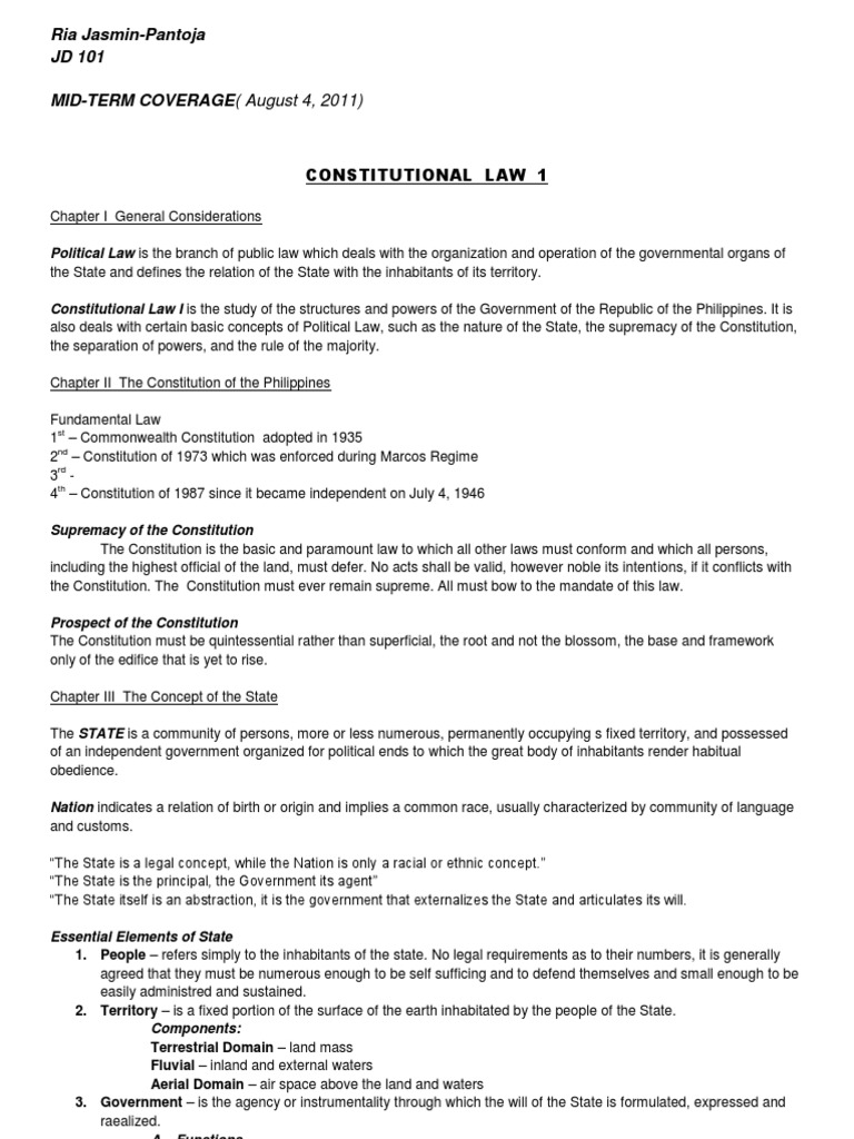 Constitutional Law 1: Ria Jasmin-Pantoja JD 101 MID-TERM COVERAGE ...