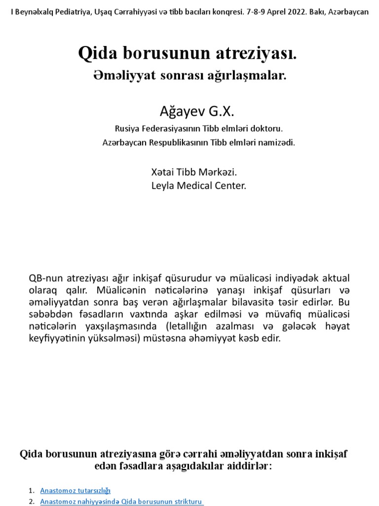 Qida Borusunun Atreziyası - Əməliyyat Sonrası Ağırlaşmalar | PDF