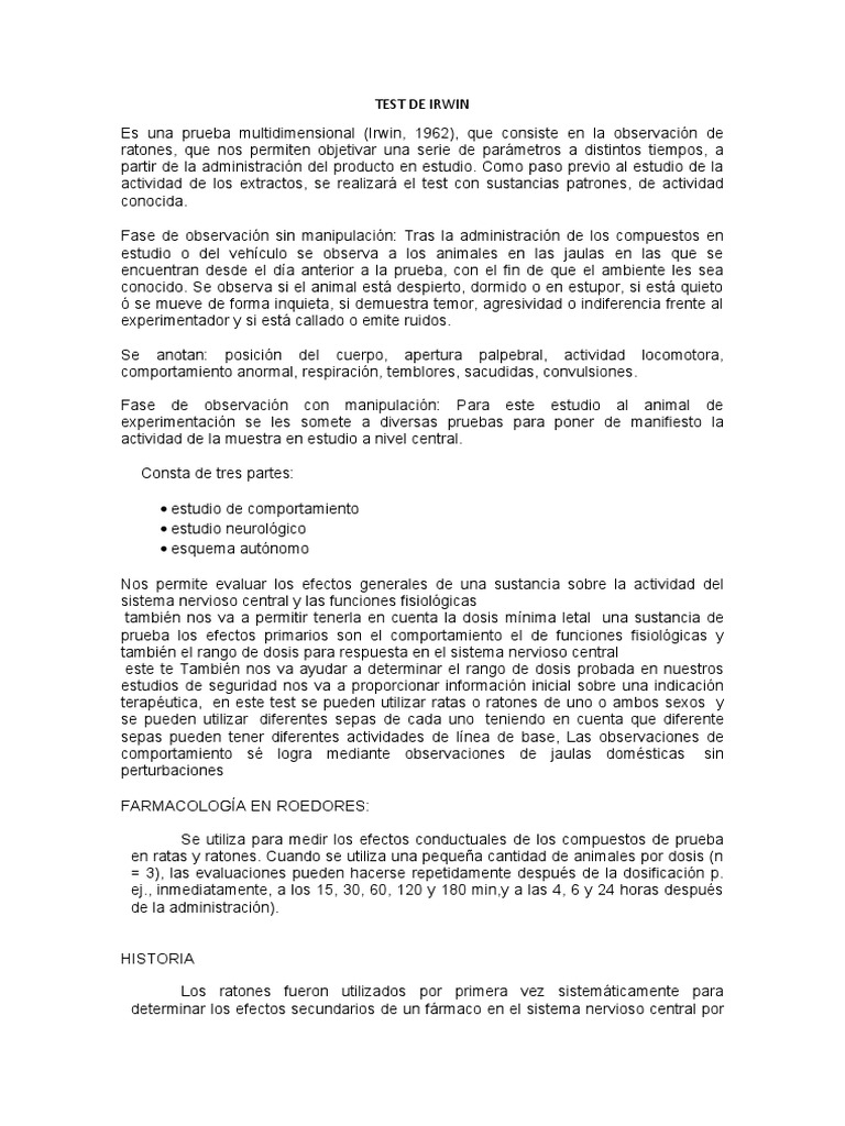 Efectos del Test de Irwin en Roedores | PDF