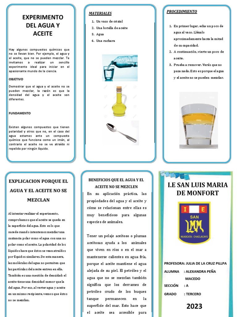 Triptico Experimento Agua y Aceite | PDF