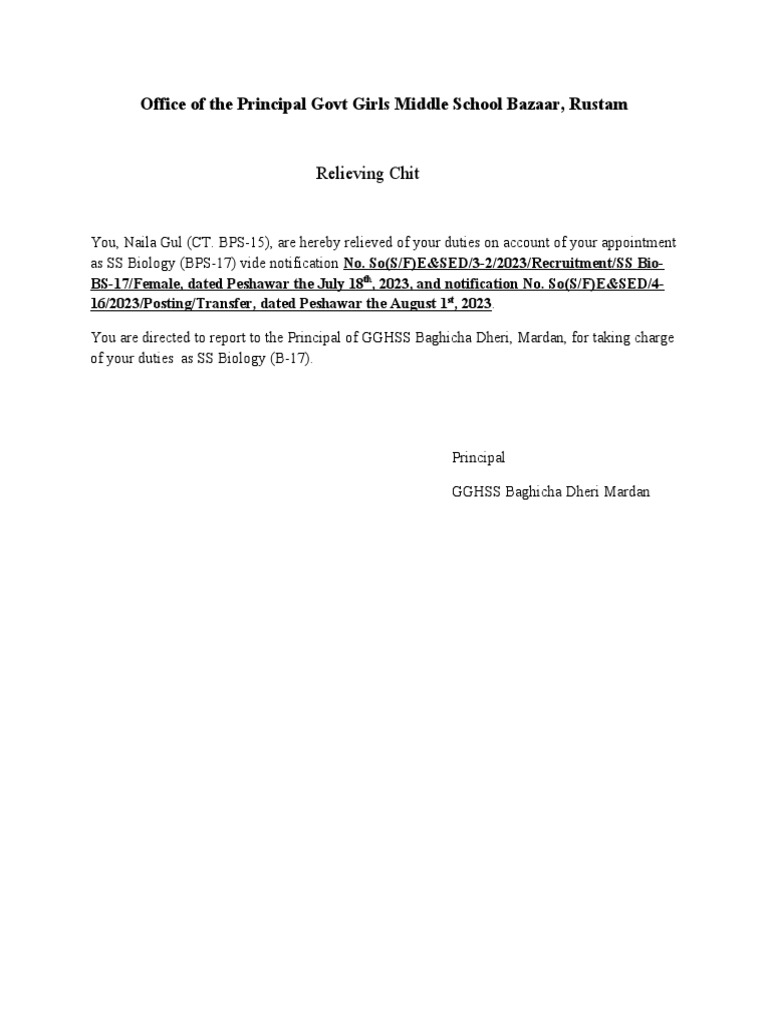 Relieving Chit | PDF