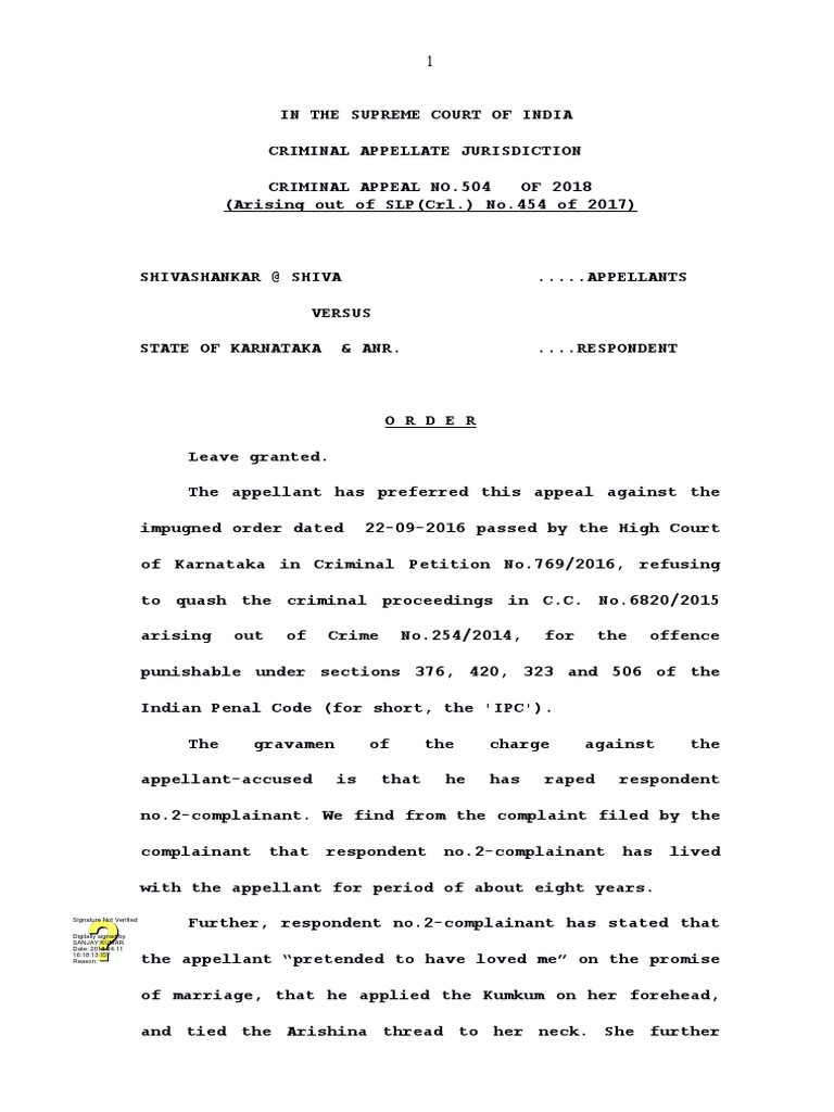 SHIVASHANKAR at SHIVA Vs State of Karnataka ANR Cheating On False Promise of Marriage | PDF ...