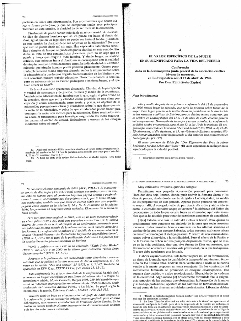 Edith Stein. El Valor Especifico de La Mujer | PDF
