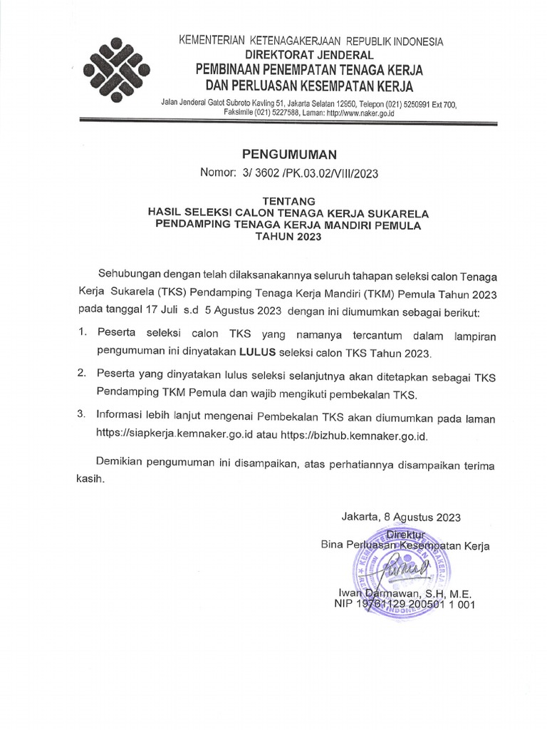 Pengumuman Hasil Seleksi TKS Tahap 1 2023 | PDF