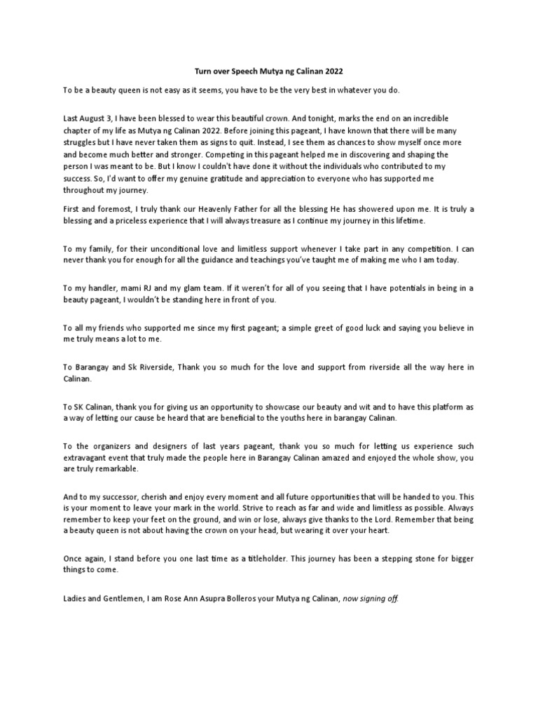 Turn Over Speech Mutya NG Calinan 2022 | PDF
